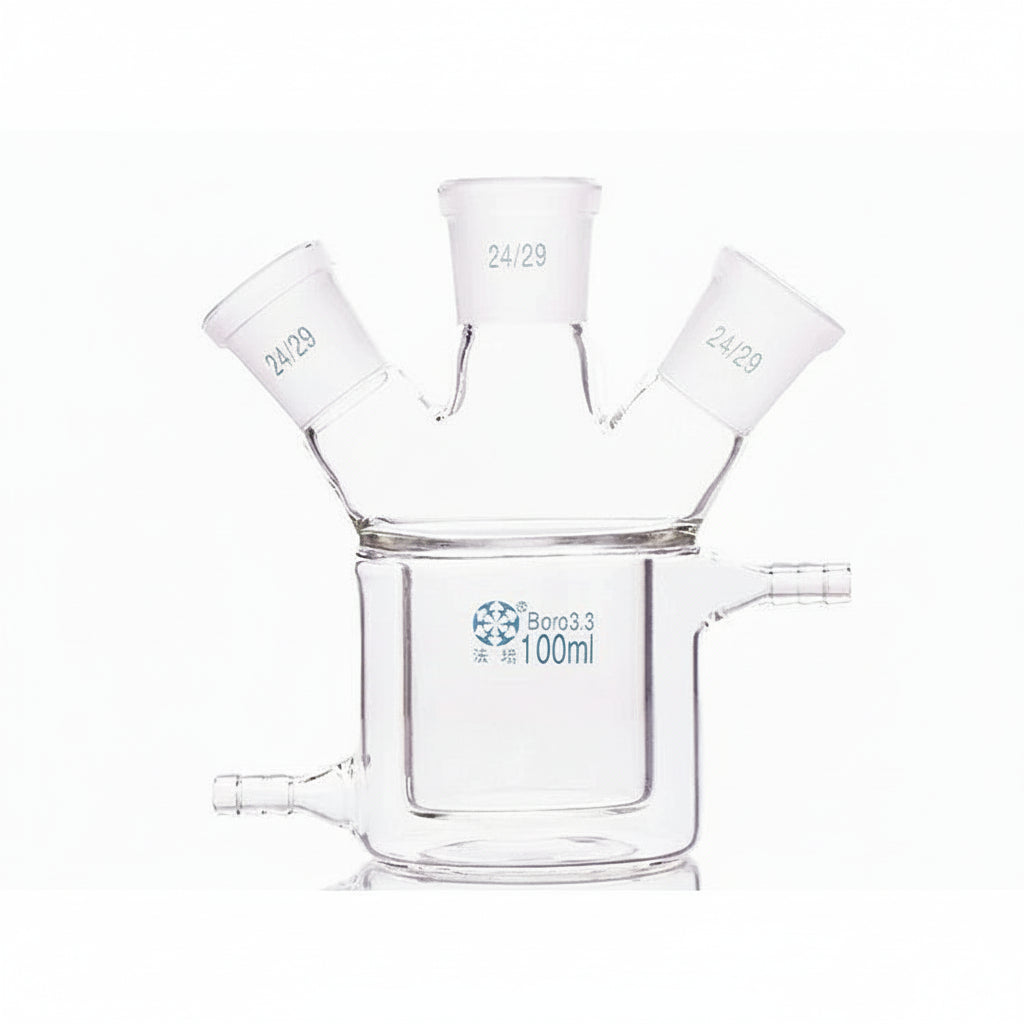 Double jacketed cylindrical flask with three necks, capacity 50 to 5.0 ...