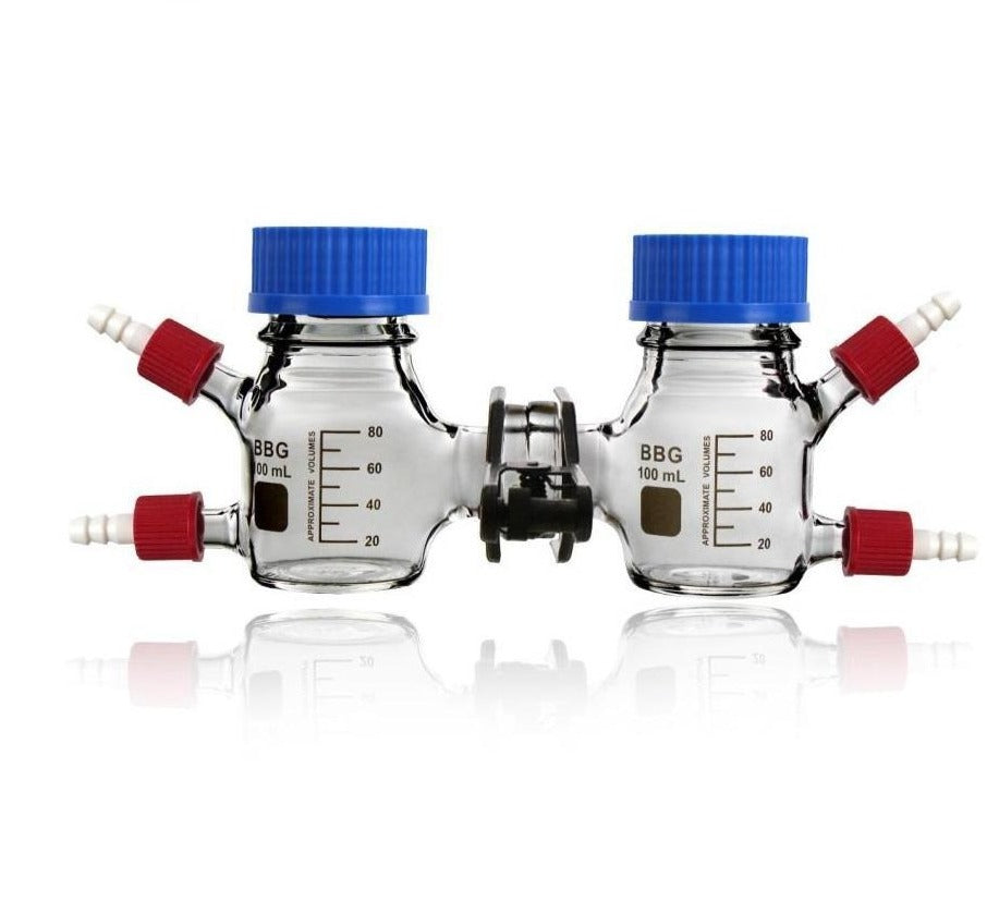 Dual chamber H-cell membrane reactor with 4 in/outlets for microbial f ...