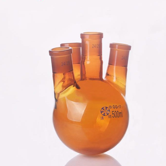 Four-necked round-bottom flask, bevelled side necks, brown glass, 100 ...