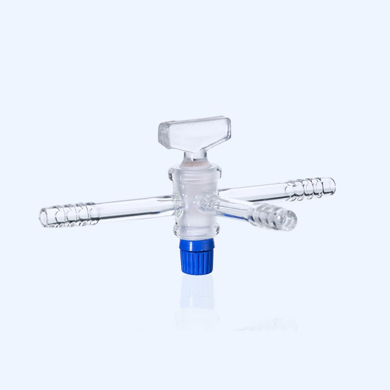 T-shaped three-way tap with glass stopcock and hose connector, tube di ...
