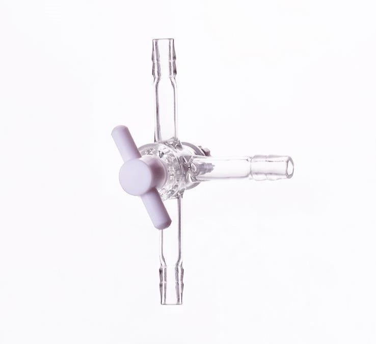 T-shaped three-way tap with PTFE stopcock and hose connectors, tube di ...
