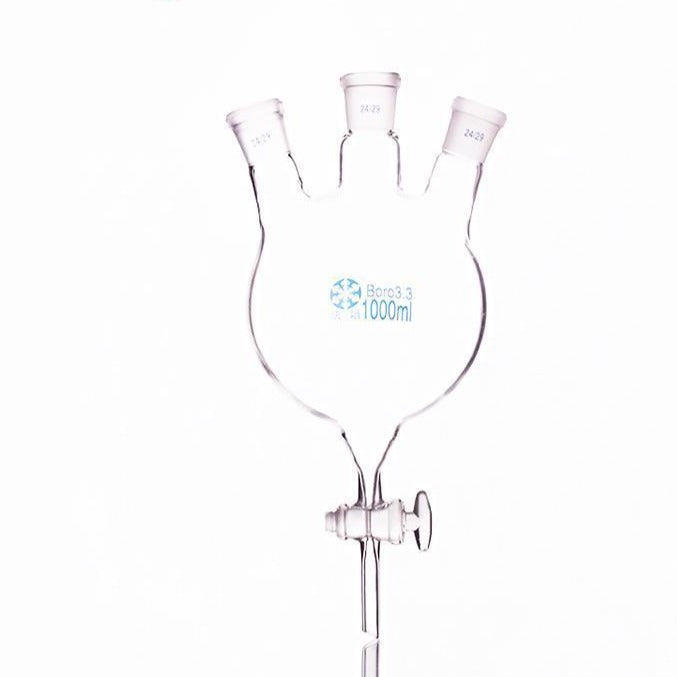 Three-necked round-bottom flask with bottom outlet and glass stopcock ...